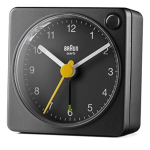 Braun Classic Travel Analogue Clock with Snooze and Light, Compact Size, Quiet Quartz Movement, Crescendo Beep Alarm in Black, Model BC02XB, One