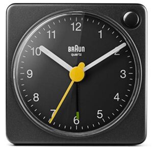 Braun Classic Travel Analogue Clock with Snooze and Light, Compact Size, Quiet Quartz Movement, Crescendo Beep Alarm in Black, Model BC02XB, One