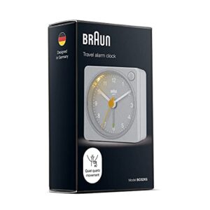 Braun Classic Travel Analogue Alarm Clock with Snooze and Light, Compact Size, Quiet Quartz Movement, Crescendo Beep Alarm in Grey, Model BC02XG