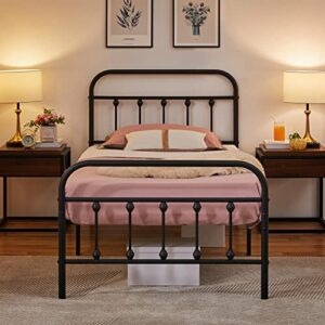 topeakmart twin size victorian style metal bed frame with headboard/mattress foundation/no box spring needed/under bed storage/strong slat support black