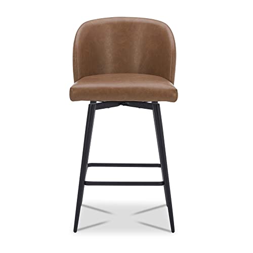 Watson & Whitely Counter Height Swivel Bar Stools, Faux Leather Upholstered Bar Stool with Back, Metal Legs in Matte Black, 26" H Seat Height, Set of 2, Saddle Brown