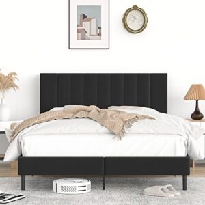 flolinda full bed frame with velvet upholstered headboard, wooden sprung slat support extend mattress life, modern platform bed frame no box spring needed, easy assembly, black