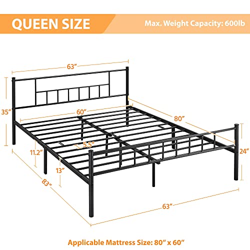 Yaheetech 13 inch Queen Size Metal Bed Frame with Headboard and Footboard Platform Bed Frame with Storage No Box Spring Needed Mattress Foundation for Adults Black