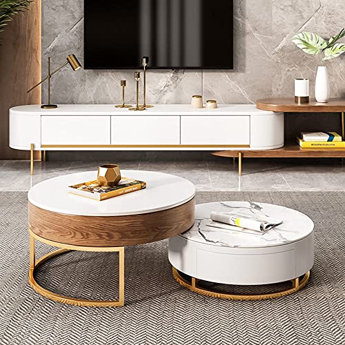 Lift-Top Round Coffee Table for Living Room, Modern Retractable Nesting Center Table with Sintered Stone Top, Fully-Assembled, White