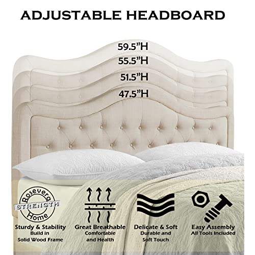 Rosevera Niana Adjustable Headboard with Fine Linen Upholstery and Button Tufting for Bedroom, Queen (U.S. Standard), Beige