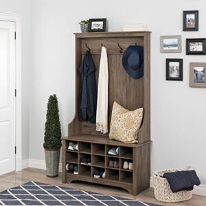 prepac hall tree with shoe storage, drifted gray