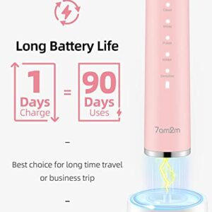 7AM2M Sonic Electric Toothbrush with 6 Brush Heads for Adults and Kids, One Charge for 90 Days, Wireless Fast Charge, 5 Modes with 2 Minutes Built in Smart Timer, Electric Toothbrushes(Pink)