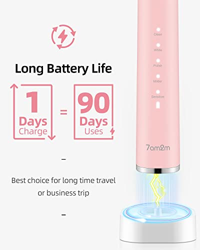 7AM2M Sonic Electric Toothbrush with 6 Brush Heads for Adults and Kids, One Charge for 90 Days, Wireless Fast Charge, 5 Modes with 2 Minutes Built in Smart Timer, Electric Toothbrushes(Pink)