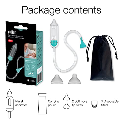 Braun Manual Nasal Aspirator – Quickly and Gently Clear Stuffed Infant Noses - Toddler and Baby Nasal Aspirator with Two Nose Tips