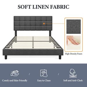 Yaheetech Upholstered Bed Frame, Platform Bed Frame with Square Tufted Fabric Headboard Height Adjustable, Mattress Foundation, Strong Wooden Slats Support, No Box Spring Needed, Dark Grey, Queen