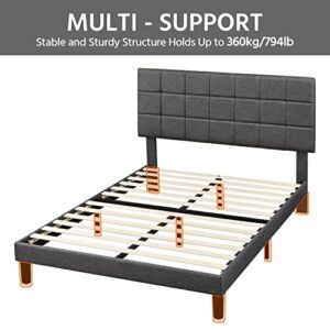 Yaheetech Upholstered Bed Frame, Platform Bed Frame with Square Tufted Fabric Headboard Height Adjustable, Mattress Foundation, Strong Wooden Slats Support, No Box Spring Needed, Dark Grey, Queen