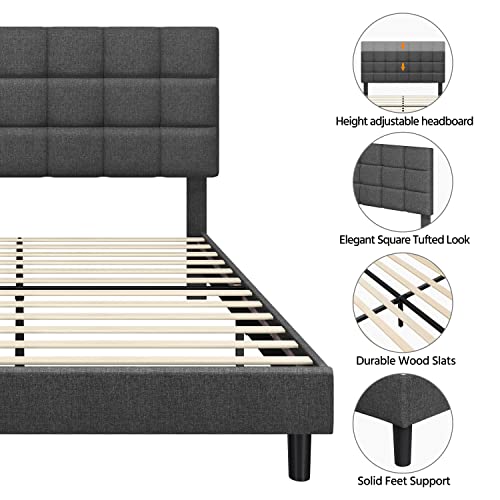 Yaheetech Upholstered Bed Frame, Platform Bed Frame with Square Tufted Fabric Headboard Height Adjustable, Mattress Foundation, Strong Wooden Slats Support, No Box Spring Needed, Dark Grey, Queen