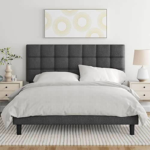 Yaheetech Upholstered Bed Frame, Platform Bed Frame with Square Tufted Fabric Headboard Height Adjustable, Mattress Foundation, Strong Wooden Slats Support, No Box Spring Needed, Dark Grey, Queen