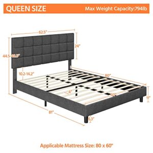 Yaheetech Upholstered Bed Frame, Platform Bed Frame with Square Tufted Fabric Headboard Height Adjustable, Mattress Foundation, Strong Wooden Slats Support, No Box Spring Needed, Dark Grey, Queen