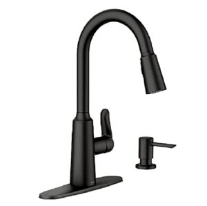 moen edwyn 87028bl matte black 1-handle deck-mount pull-down handle kitchen faucet (deck plate included)