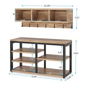 Tribesigns Coat Rack Shoe Bench Set, Hall Tree with Shoe Bench, Industrial Shoe Rack Bench with Coat Rack, 3 Storage Cubbies, 7 Hooks for Entryway, Hallway, 5-in-1Design, Vintage Oak