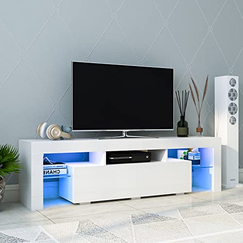 DMAITH White Modern LED TV Stand for 60/65/70 Inch TV, High Glossy Gaming Entertainment Center with 2 Large Storage Drawers, TV Media Center with Display Glass Shelves for Living Room, Bedroom, 003B