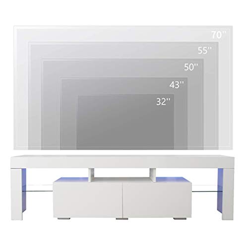 DMAITH White Modern LED TV Stand for 60/65/70 Inch TV, High Glossy Gaming Entertainment Center with 2 Large Storage Drawers, TV Media Center with Display Glass Shelves for Living Room, Bedroom, 003B