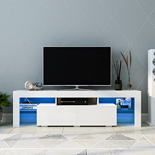 DMAITH White Modern LED TV Stand for 60/65/70 Inch TV, High Glossy Gaming Entertainment Center with 2 Large Storage Drawers, TV Media Center with Display Glass Shelves for Living Room, Bedroom, 003B