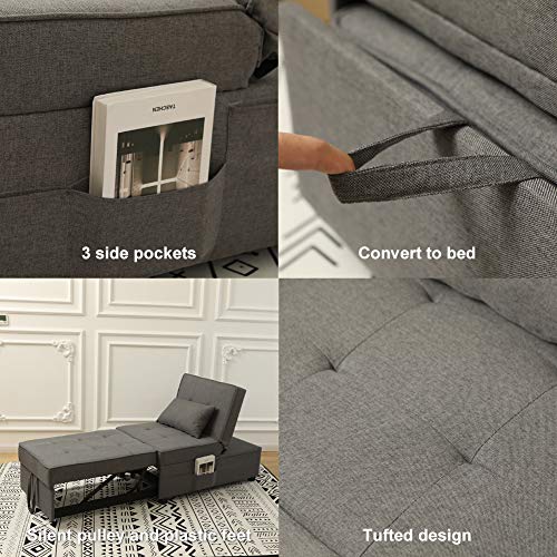 Cynefin Futon Chair with Lumbar Pillow and 3 Side Pockets, Convertible Chair Sleeper Bed, 4 in 1 Ottoman Bed,Chaise Lounge Indoor, Tufted Fabric Gray