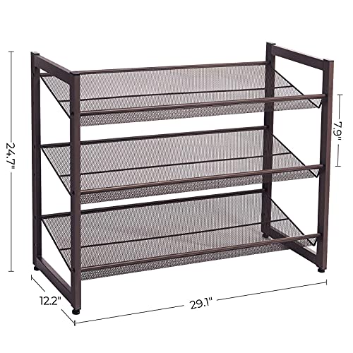 SONGMICS 3-Tier Shoe Rack Storage, Adjustable Metal Mesh Shoe Organizer Stand, Flat or Angled Stackable Shoe Rack Shelf for 9-12 Pairs, Shoe Tower for High Heels, Sneakers, Closet, Entryway, Bronze