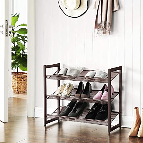 SONGMICS 3-Tier Shoe Rack Storage, Adjustable Metal Mesh Shoe Organizer Stand, Flat or Angled Stackable Shoe Rack Shelf for 9-12 Pairs, Shoe Tower for High Heels, Sneakers, Closet, Entryway, Bronze