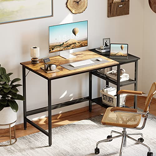 CubiCubi Computer Home Office Desk, 47 Inch Small Desk Study Writing Table with Storage Shelves, Modern Simple PC Desk with Splice Board, Brown Black Finish