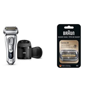 braun electric razor for men, series 9 9390cc, precision beard trimmer, rechargeable, cordless, wet & dry foil shaver, clean & charge station & leather travel case and replacement head