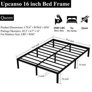 Upcanso 16 Inch Queen Bed Frame No Box Spring Required, Metal Platform Queen Size Bed Frames with 14 Inch Storage, 3,500 lbs Heavy Duty Steel Slats Support, Easy Assembly Mattress Foundation