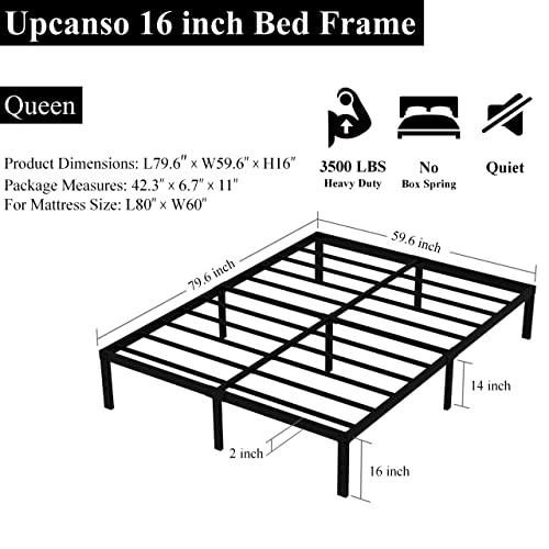 Upcanso 16 Inch Queen Bed Frame No Box Spring Required, Metal Platform Queen Size Bed Frames with 14 Inch Storage, 3,500 lbs Heavy Duty Steel Slats Support, Easy Assembly Mattress Foundation