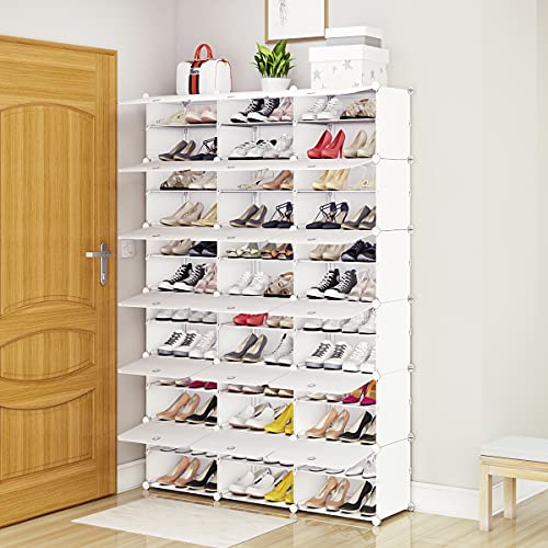 Aeitc Portable Shoe Rack, 72 Pair DIY Shoe Storage Shelf Organizer, Plastic Shoe Organizer for Entryway, Shoe Cabinet with Doors, White