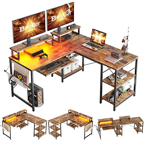 Bestier L Shaped Gaming Desk with Led Light 95.2 Inch Computer Corner Desk or 2 Person Long Table with Shelves Monitor Stand and Keyboard Tray for Home Office, Rustic Brown