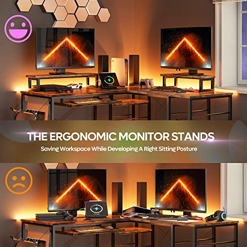 Bestier L Shaped Gaming Desk with Led Light 95.2 Inch Computer Corner Desk or 2 Person Long Table with Shelves Monitor Stand and Keyboard Tray for Home Office, Rustic Brown