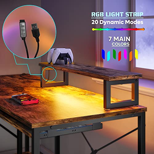 Bestier L Shaped Gaming Desk with Led Light 95.2 Inch Computer Corner Desk or 2 Person Long Table with Shelves Monitor Stand and Keyboard Tray for Home Office, Rustic Brown