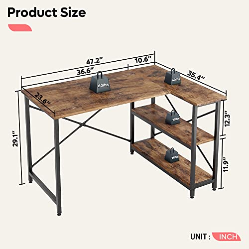 Bestier Small L Shaped Desk with Shelves 47 Inch Reversible Corner Computer Desk Writing Gaming Storage Table for Home Office Small Space, Rustic Brown