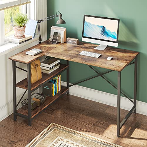 Bestier Small L Shaped Desk with Shelves 47 Inch Reversible Corner Computer Desk Writing Gaming Storage Table for Home Office Small Space, Rustic Brown