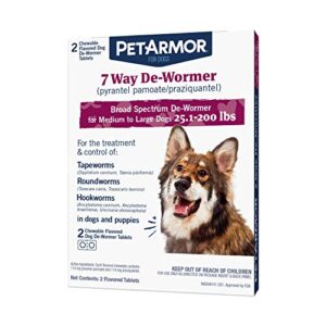 petarmor 7 way de-wormer for dogs, oral treatment for tapeworm, roundworm & hookworm in large dogs & puppies (over 25 lbs), worm remover (praziquantel & pyrantel pamoate), 2 flavored chewables