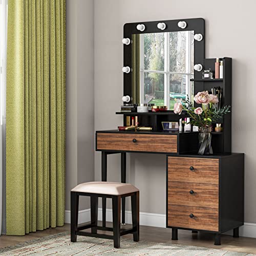 Tribesigns Vintage Vanity Table with Lighted Mirror, Vintage Makeup Dressing Table with Large Drawer and 3-Drawer Chest, Dresser Table for Women (Brown, Stool NOT Included) (Brown/Black)