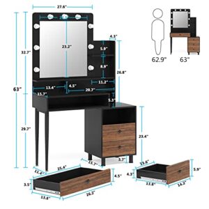 Tribesigns Vintage Vanity Table with Lighted Mirror, Vintage Makeup Dressing Table with Large Drawer and 3-Drawer Chest, Dresser Table for Women (Brown, Stool NOT Included) (Brown/Black)