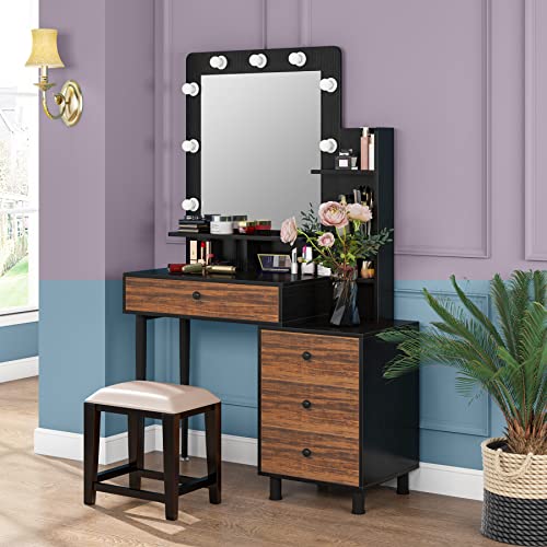 Tribesigns Vintage Vanity Table with Lighted Mirror, Vintage Makeup Dressing Table with Large Drawer and 3-Drawer Chest, Dresser Table for Women (Brown, Stool NOT Included) (Brown/Black)