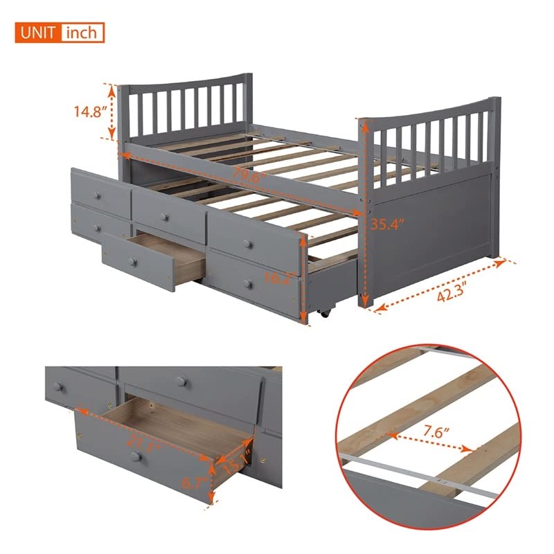 n/a Bed Frame Captain's Bed Twin Daybed Bed Frame with Storage Drawers Trundle Bed Modern for Bedroom Home Furniture