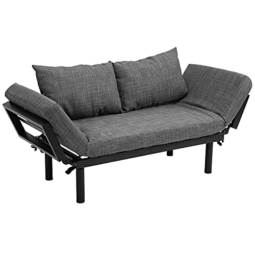 HOMCOM Single Person Chaise Lounger, Modern Sofa Bed with 5 Adjustable Positions, 2 Large Pillows, and Birch Legs, Charcoal Grey