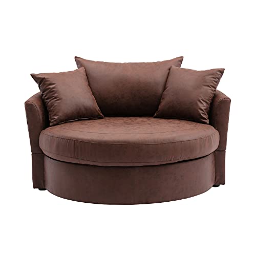 GoDoco 52" W Swivel Accent Barrel Chair Wide Chair Body with 3 Pillows for Living Room or Bedroom Hotel Lounge Club Round Chair Modern Sofa (Brown)