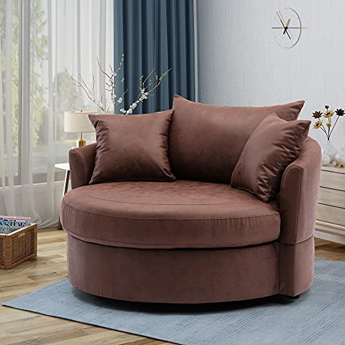 GoDoco 52" W Swivel Accent Barrel Chair Wide Chair Body with 3 Pillows for Living Room or Bedroom Hotel Lounge Club Round Chair Modern Sofa (Brown)