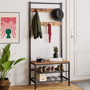 coat rack, hall tree with shoe bench for entryway, 3-in-1 industrial entryway bench with coat rack freestanding accent furniture with steel frame, vintage brown