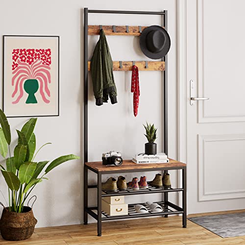 Coat Rack, Hall Tree with Shoe Bench for Entryway, 3-in-1 Industrial Entryway Bench with Coat Rack Freestanding Accent Furniture with Steel Frame, Vintage Brown