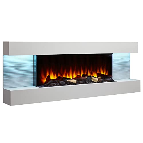 SimpliFire 60-Inch Format Floating Mantel Wall Mount Electric Fireplace | Finished White Mantel | Log & Crystal Hearth Options | 1500 Watt Heater | Remote Control Included