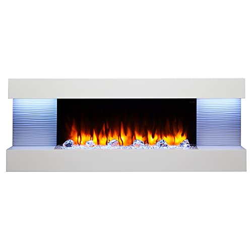 SimpliFire 60-Inch Format Floating Mantel Wall Mount Electric Fireplace | Finished White Mantel | Log & Crystal Hearth Options | 1500 Watt Heater | Remote Control Included