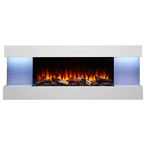 SimpliFire 60-Inch Format Floating Mantel Wall Mount Electric Fireplace | Finished White Mantel | Log & Crystal Hearth Options | 1500 Watt Heater | Remote Control Included