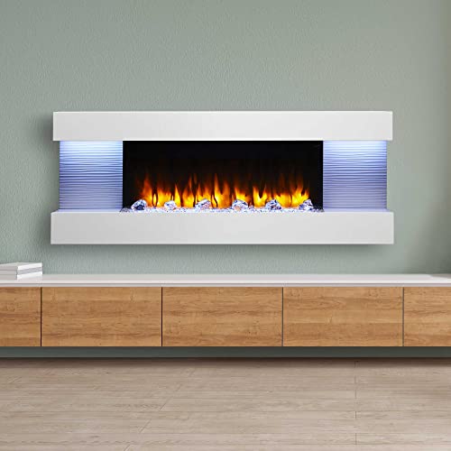 SimpliFire 60-Inch Format Floating Mantel Wall Mount Electric Fireplace | Finished White Mantel | Log & Crystal Hearth Options | 1500 Watt Heater | Remote Control Included